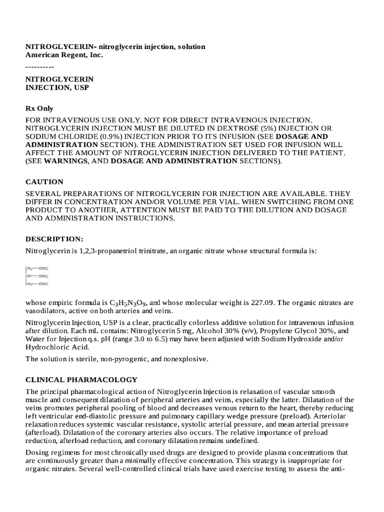 Nitroglycerin Injection | PDF