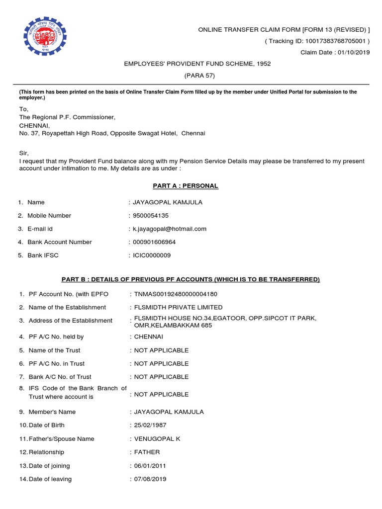 Online Transfer Claim Form (Form 13 (Revised) ) | PDF | Service ...
