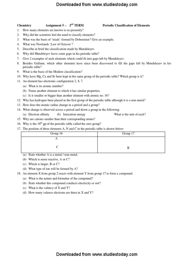Class 10 Periodic Table Worksheet | PDF | Science & Mathematics