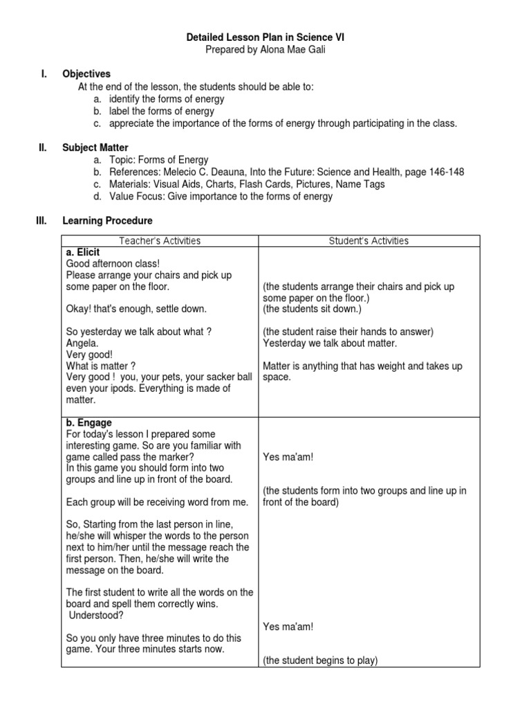 7 Es Detailed Lesson Plan in English | PDF | Light | Potential Energy