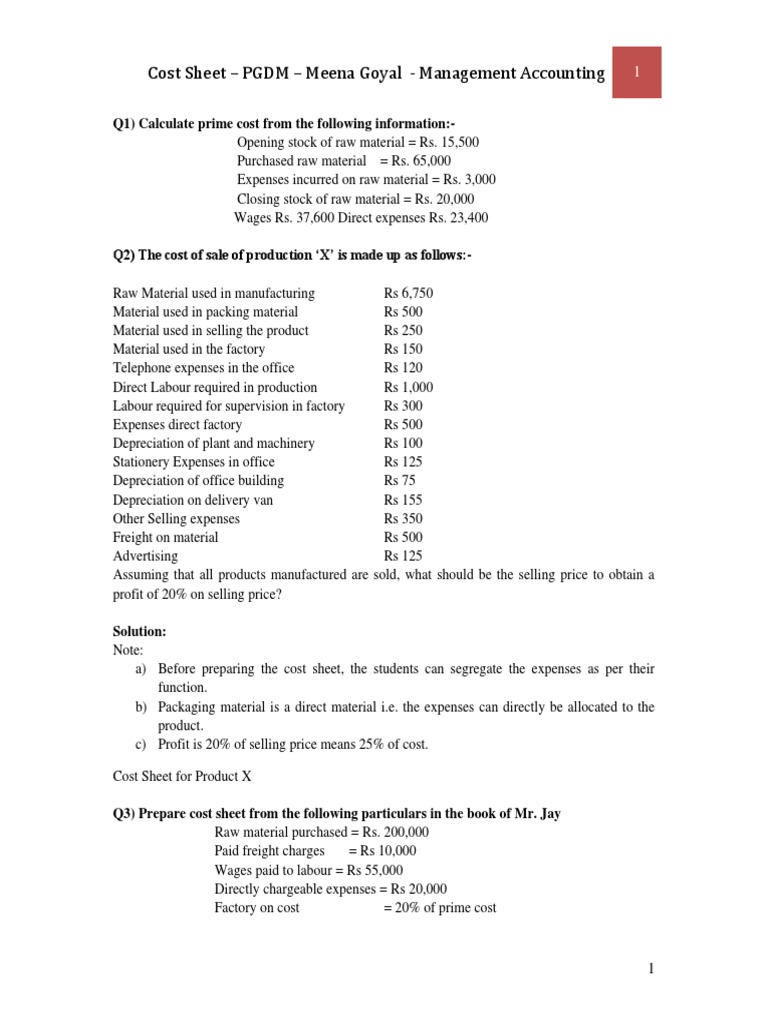 Cost Sheet Practice Questions | PDF | Cost | Cost Of Goods Sold