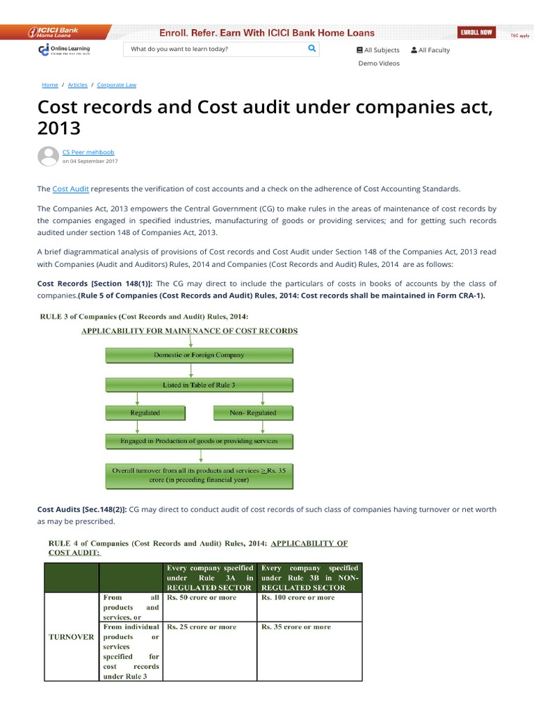 Cost Records and Cost Audit Under Companies Act, 2013 | PDF | Auditor's ...