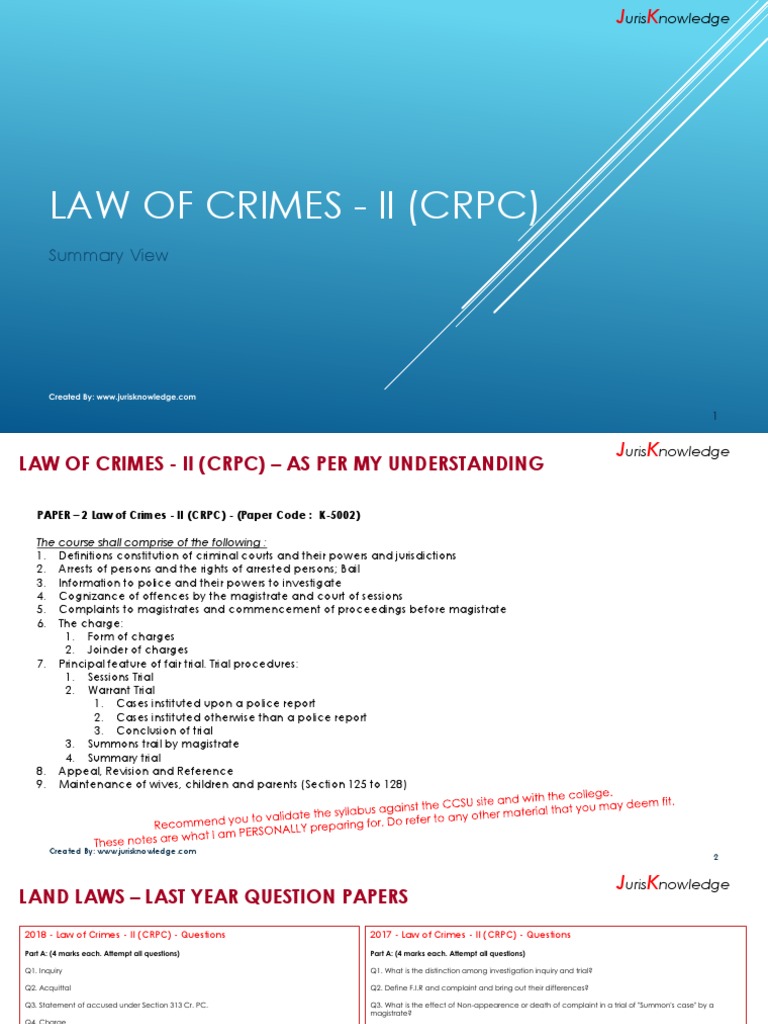 Law of Crimes - II CRPC - Single Slide | PDF | Bail | Arrest