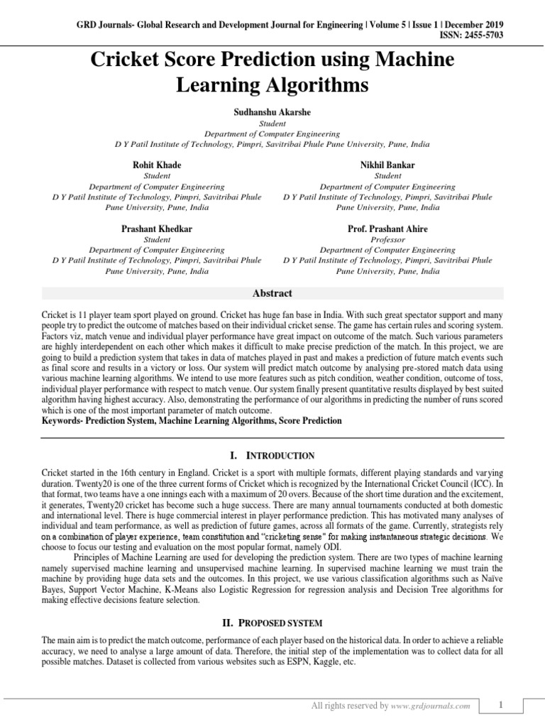 Cricket Prediction Using Machine Learning Algorithms | PDF | Machine ...