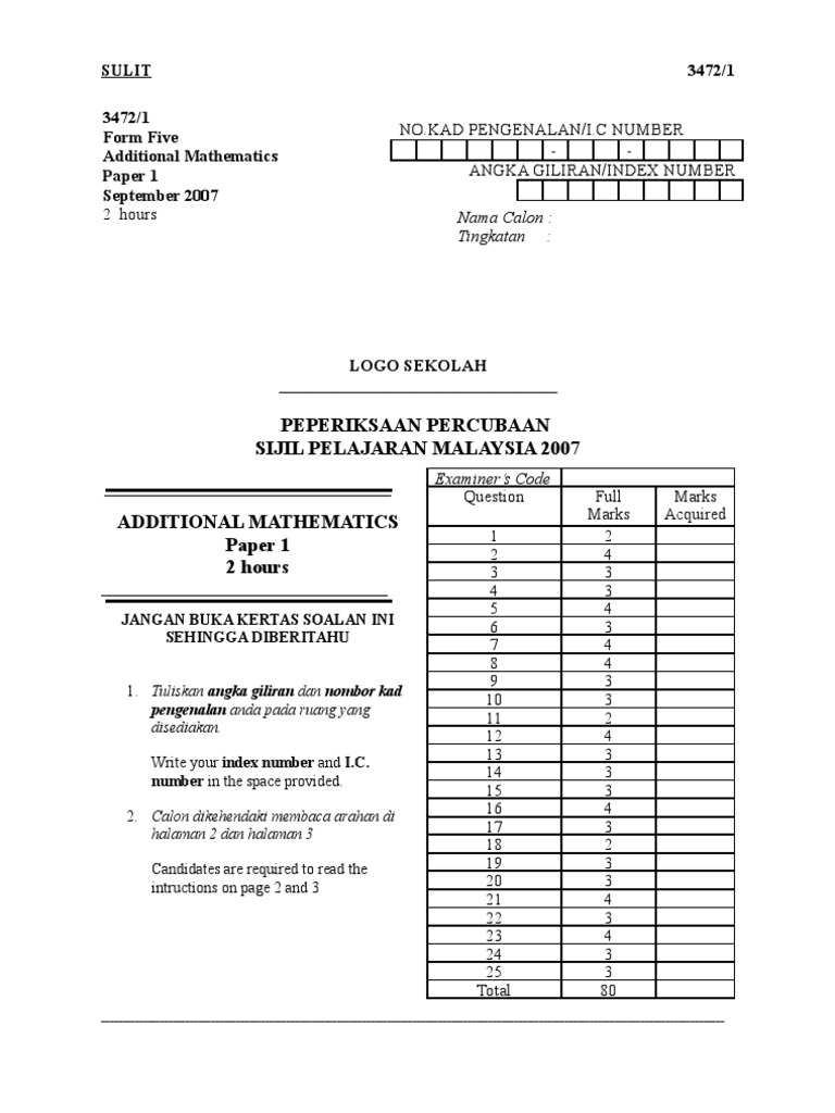 Additional Mathematics Paper 1 | PDF