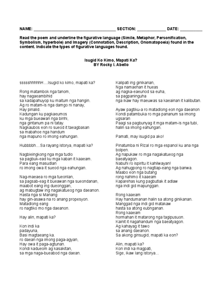 Aklanon Lit Activity Figurative Language | PDF