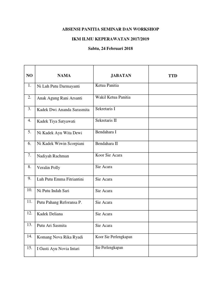 Absensi Panitia Seminar Dan Workshop | PDF