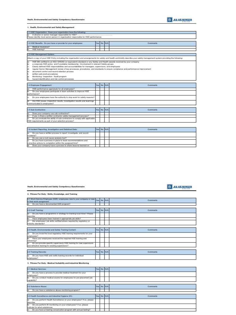 HSE Questionnaire | PDF | Safety | Regulatory Compliance