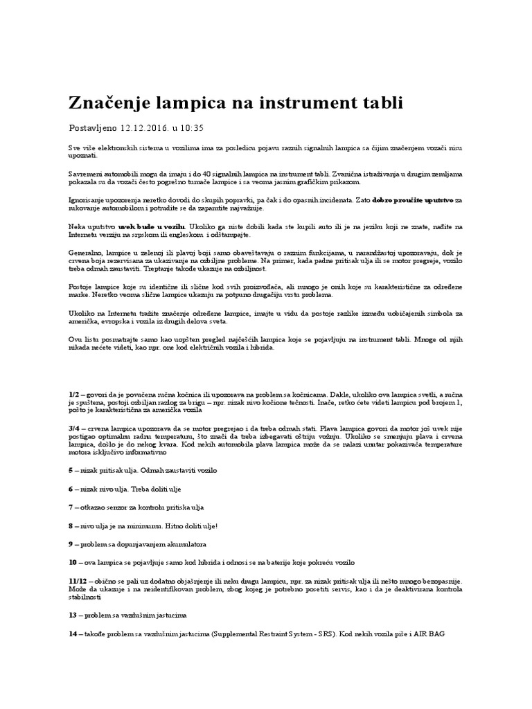 Značenje Lampica Na Instrument Tabli | PDF