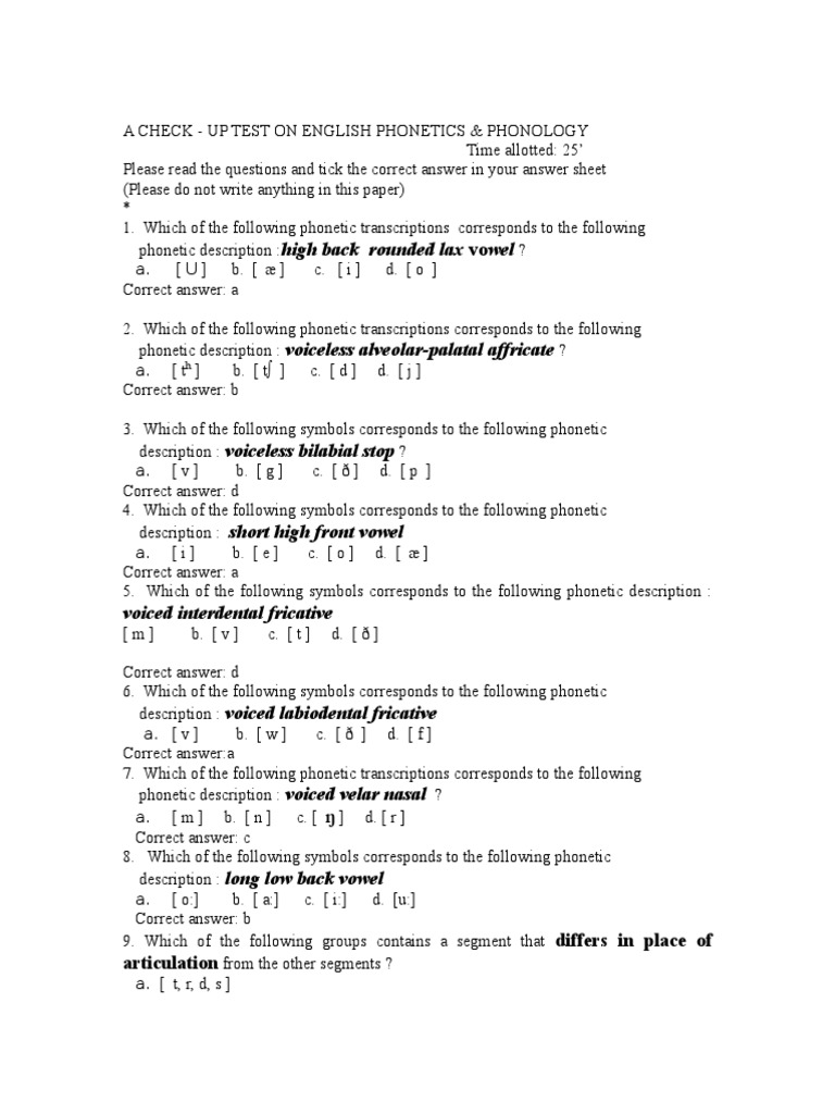 Sample Test On Phonetics and Phonology With Key | PDF | Phonetics | Phoneme