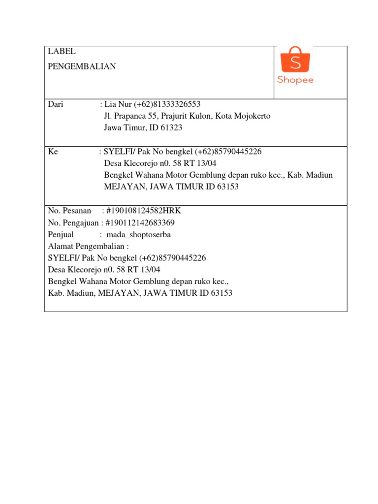 Contoh Label Pengembalian Shopee | PDF