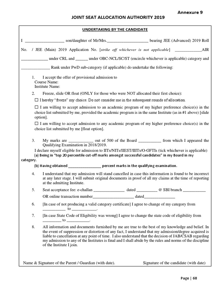 Candidate Admission Undertaking Form | PDF