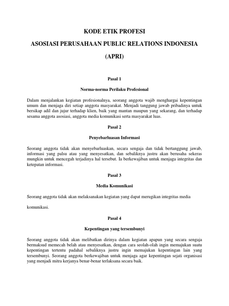 Kode Etik Profesi Asosiasi Perusahaan Public Relations Indonesia | PDF