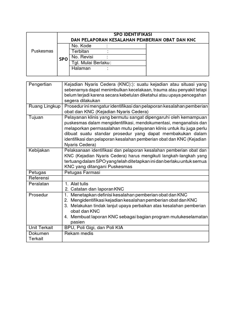 SPO Identifikasi Kesalahan Pemberian Obat dan KNC | PDF