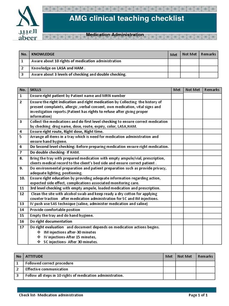 Medication Administration Competency Checklist | PDF | Patient ...