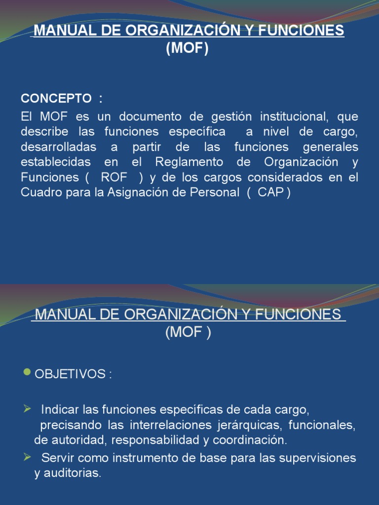 EL MANUAL DE ORGANIZACIÓN Y FUNCION (MOF) n° 1