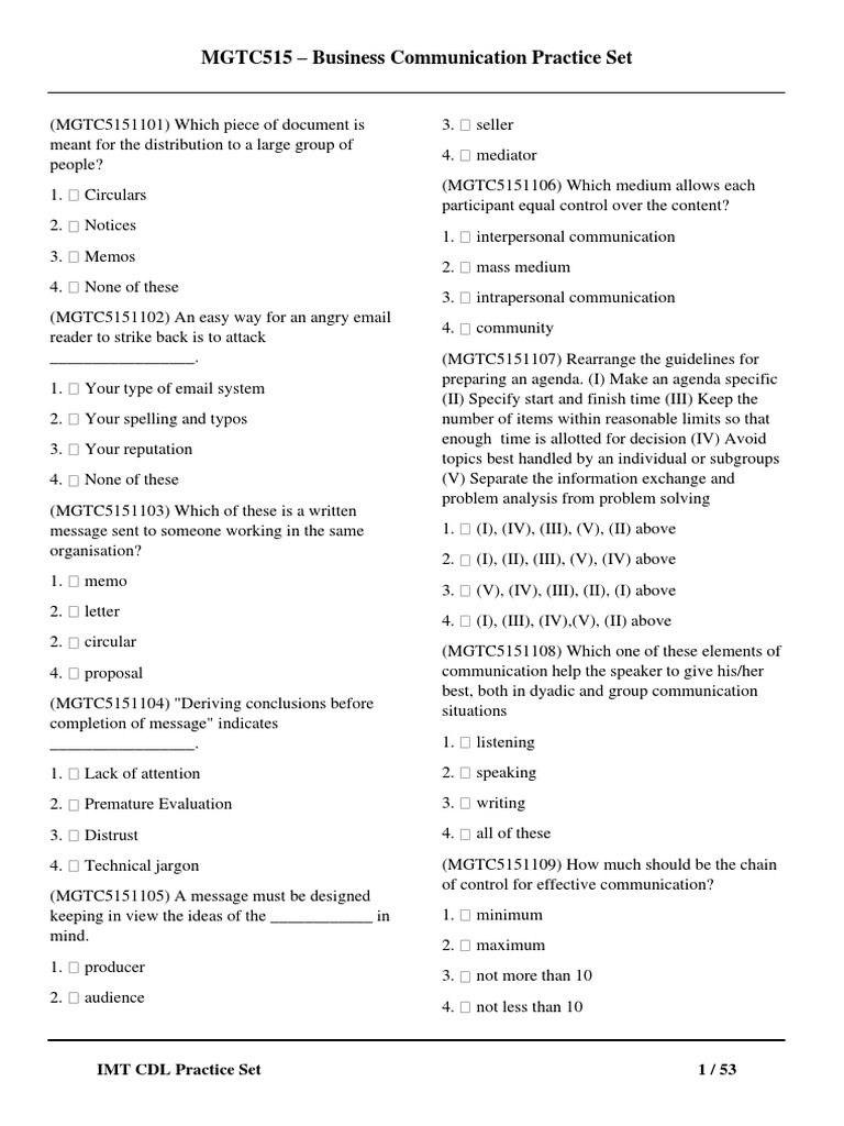 MGTC515-Business Communication-Sample MCQs | PDF | Communication | Gesture