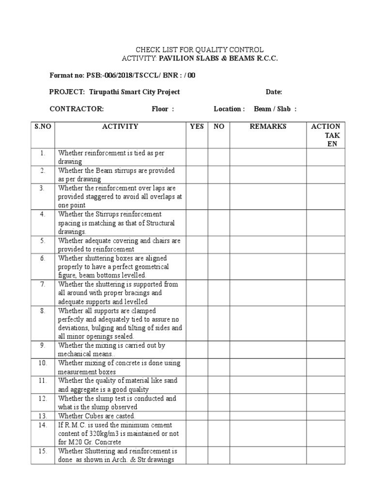 BNR Beams & Slabs Checklists | PDF | Concrete | Engineering