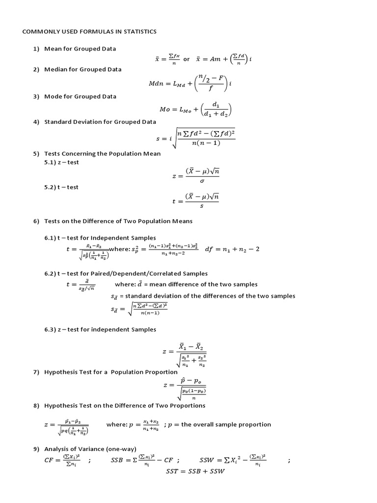 Commonly Used Formulas in Statistics | PDF | Standard Deviation ...