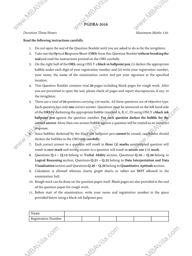 PGDBA 2016 Question Paper With Answer Key | Download Free PDF | Logic ...