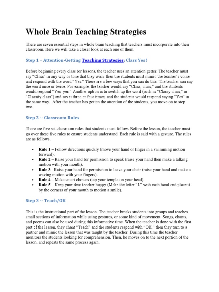 Whole Brain Teaching Strategies | PDF | Classroom | Psychological Concepts