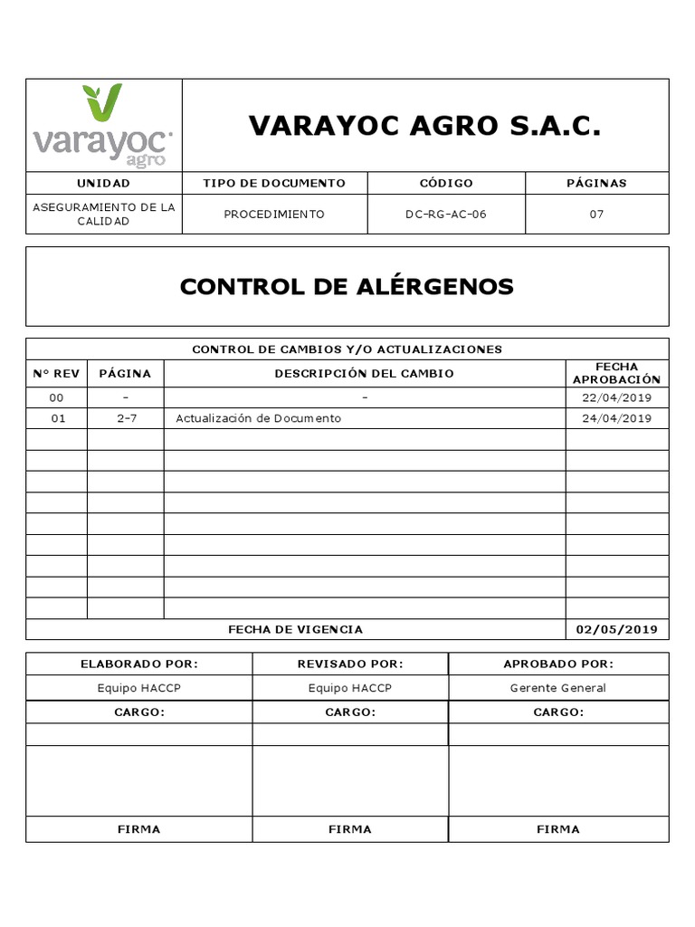 Dc Pr Ac 06 Control De Alergenos Pdf Alergia Haba De Soja