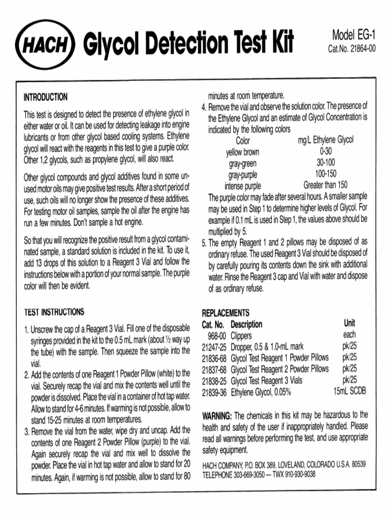 Glycol Test Kit Manual, Model EG-1, Color Comparison Kit 21864-00 PDF | PDF