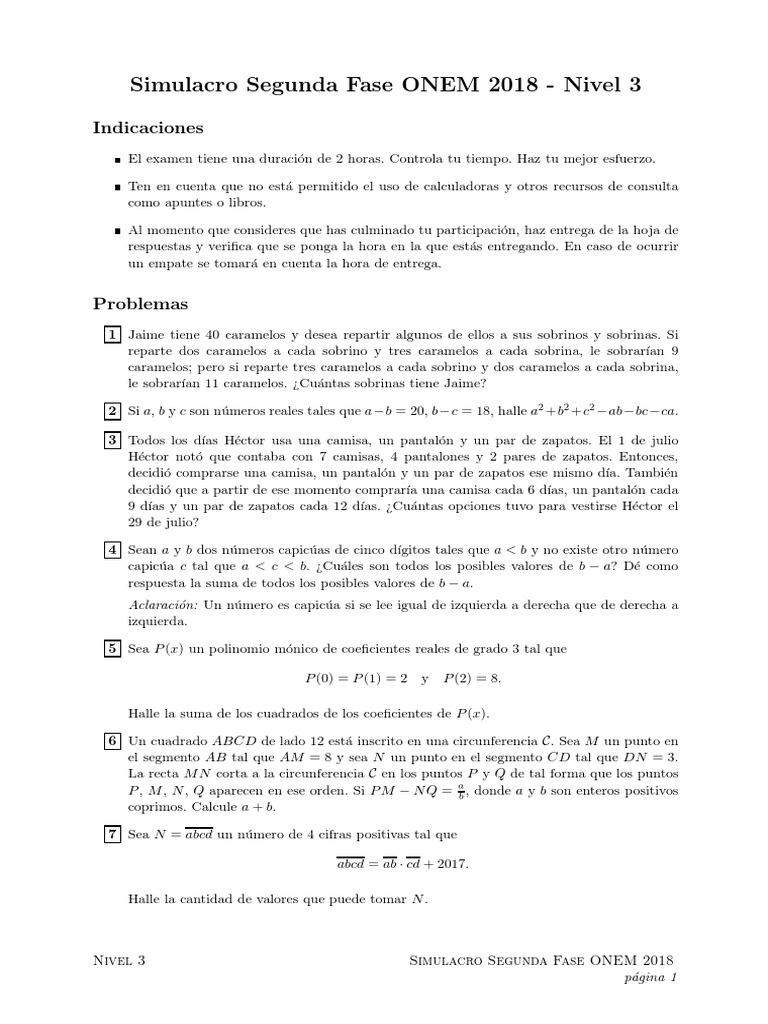 Simulacro Segunda Fase ONEM 2018 Nivel 3 | PDF | Triángulo | Geometría