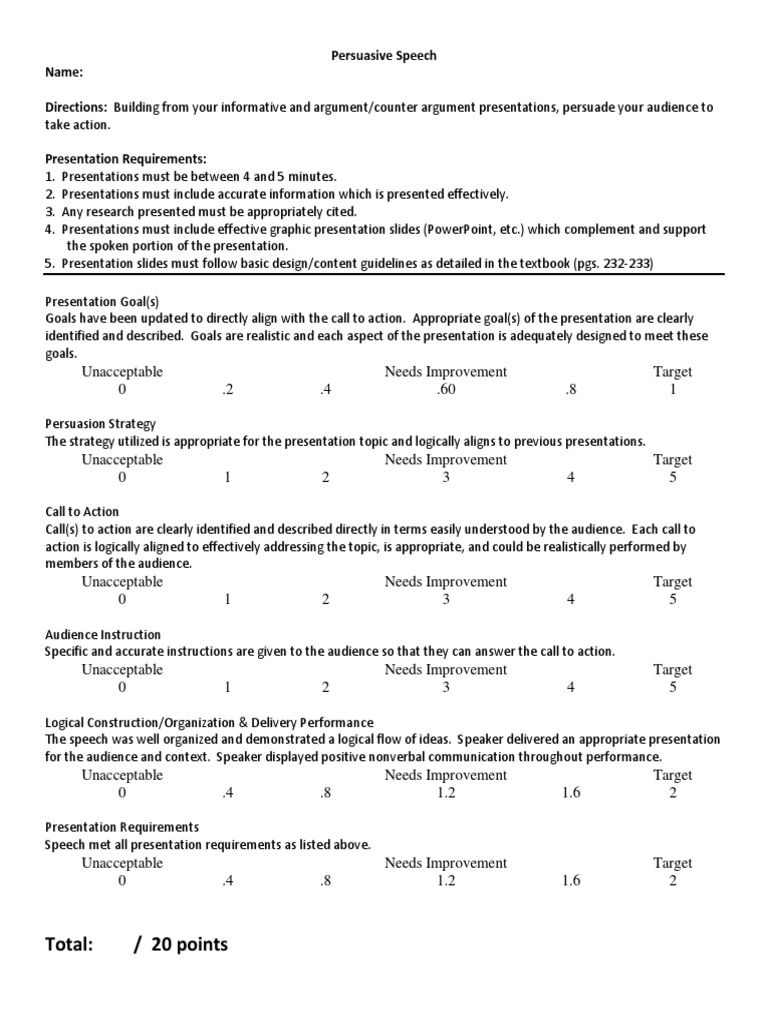 Persuasive Speech Rubric PDF | Download Free PDF | Persuasion | Human ...