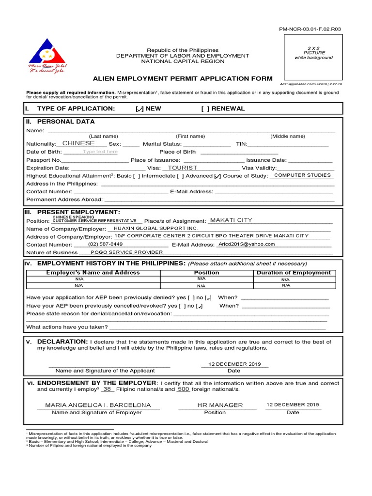 AEP Application Form for Foreign Workers | PDF | Travel Visa ...