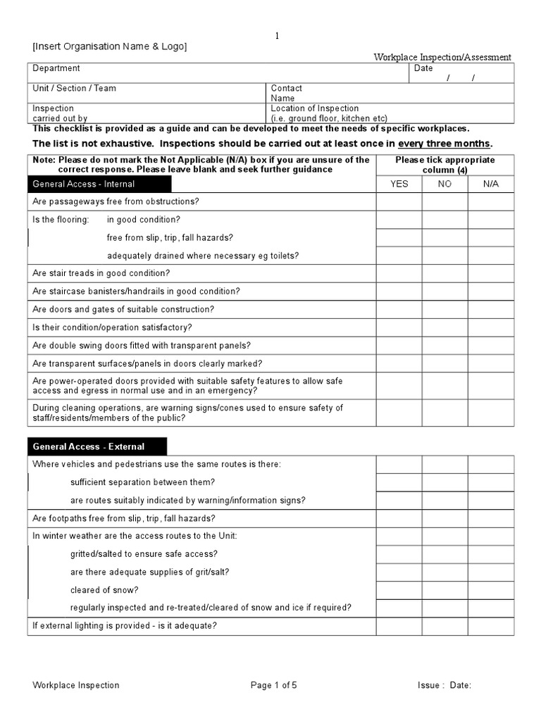 Workplace Inspection Checklist Template | PDF | Stairs | Personal ...