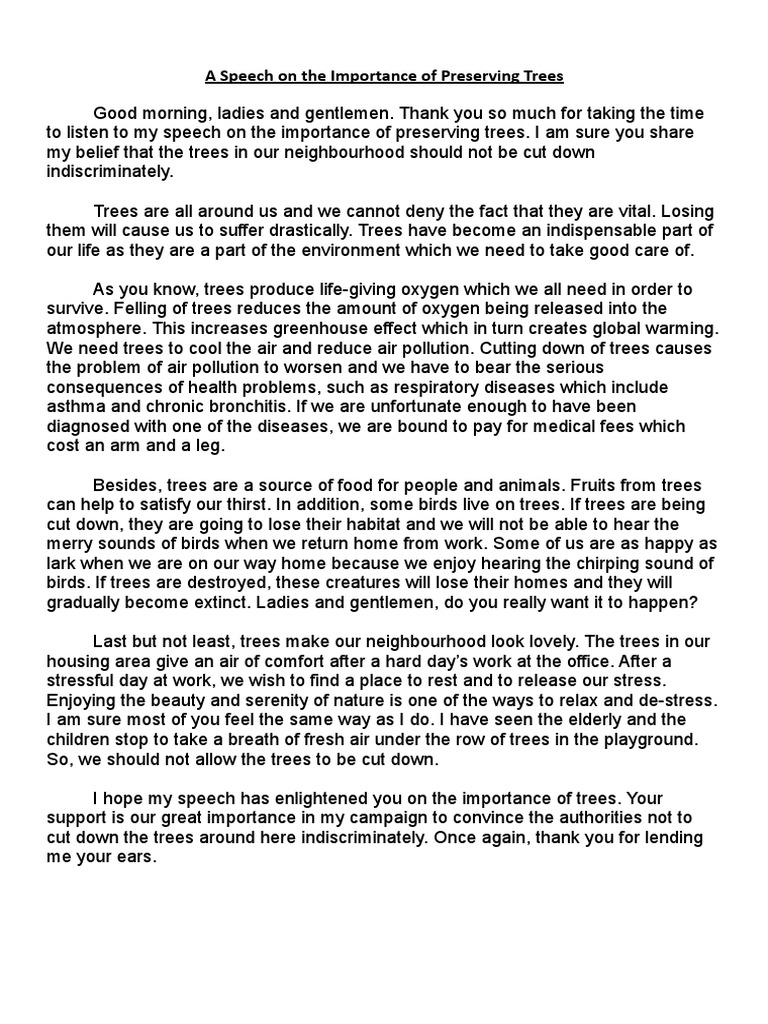 A Speech On The Importance of Preserving Trees | PDF | Pollution | Air ...