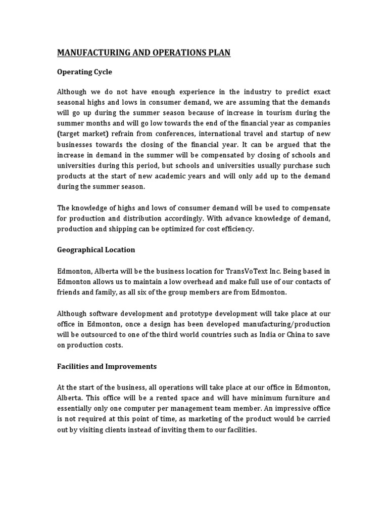 Manufacturing Operations Plan Overview | PDF | Outsourcing | Business