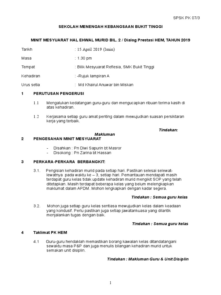 Minit Mesyuarat Hem Bil. 2 Tahun 2019 | PDF