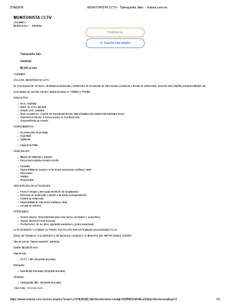 Vacante Monitorista CCTV en Tlalnepantla | PDF | Economias | Business