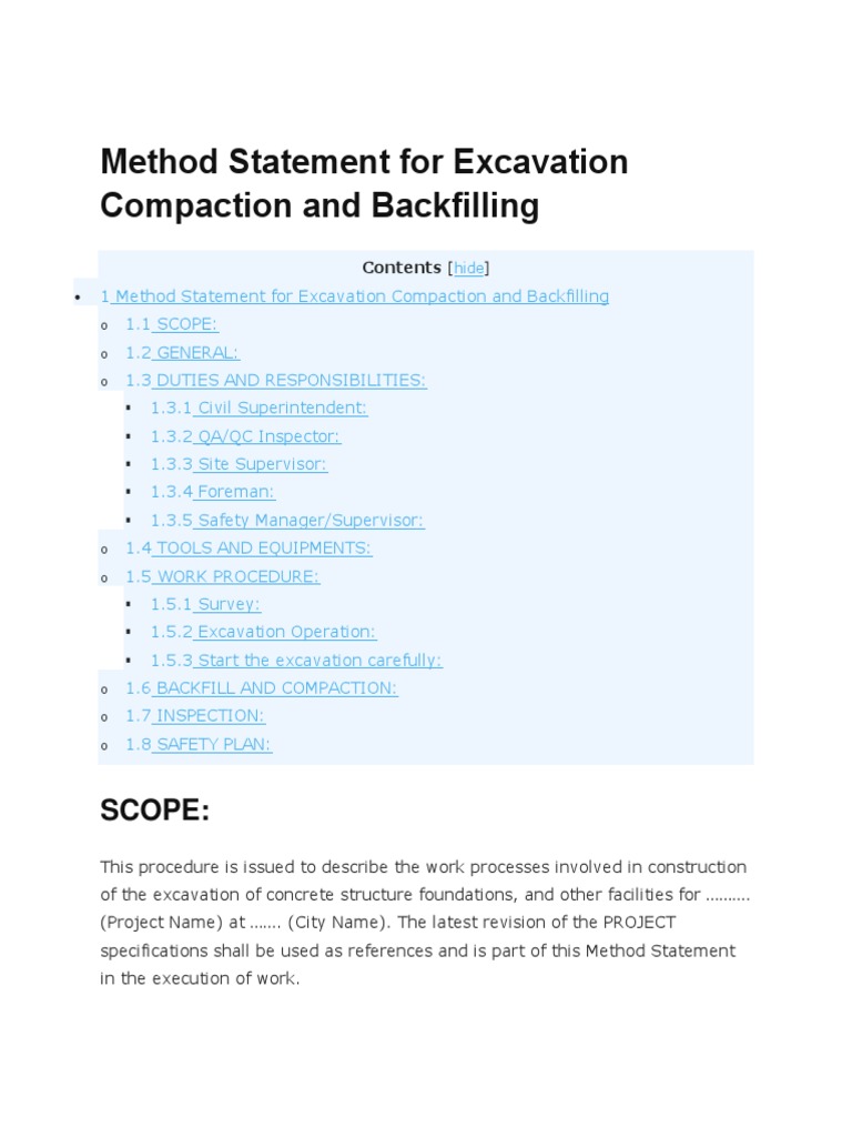 Method Statement For Excavation Compaction and Backfilling | PDF ...