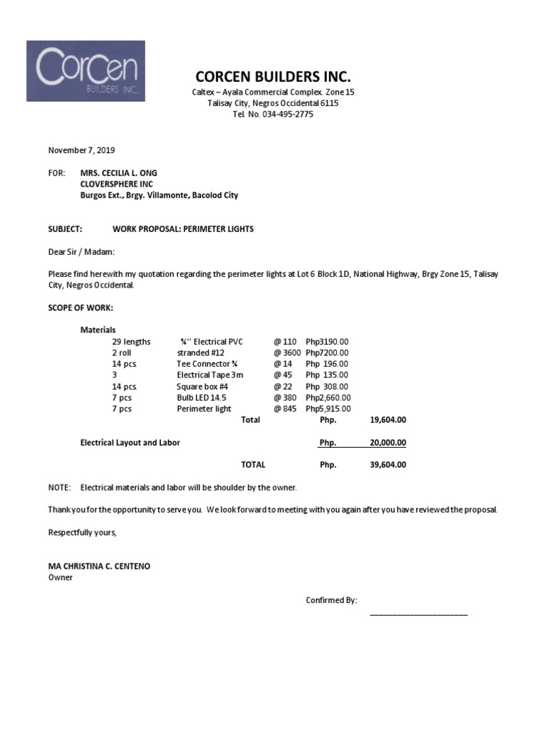 Corcen Builders Inc Work Proposal for Perimeter Lights | PDF