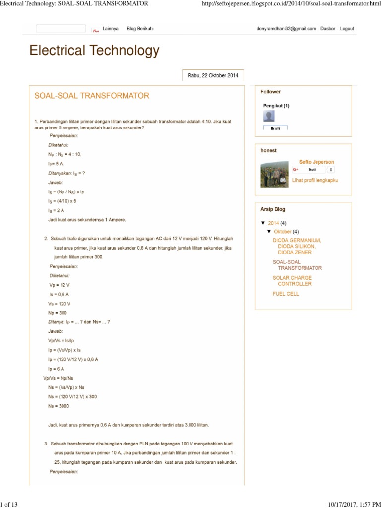 Electrical Technology - SOAL-SOAL TRANSFORMATOR | PDF | Sains & Matematika