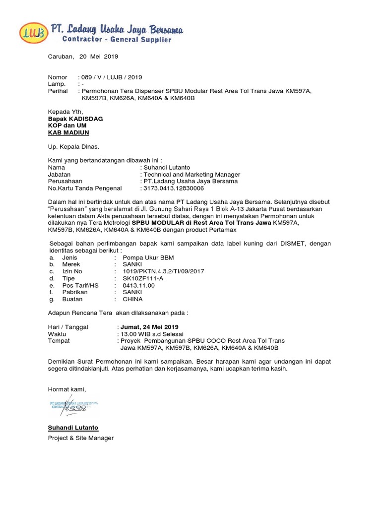 089-V-Lujb-2019, Surat Permohonan Tera Dispenser Pertamina Retail | PDF | Bisnis
