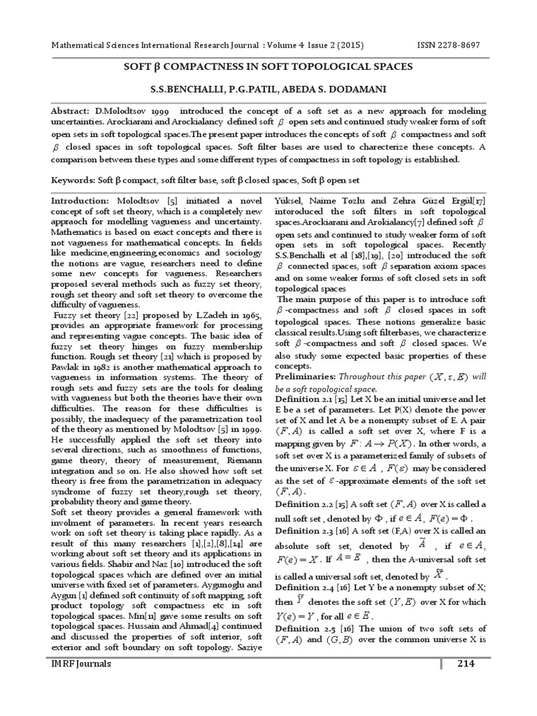 Soft β -compactness in soft topological spaces | PDF | Compact Space | Fuzzy Logic