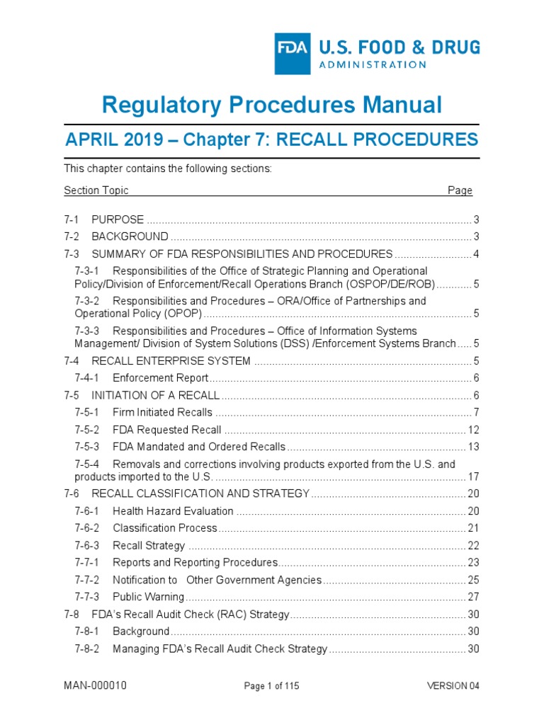 Regulatory Procedures Manual APRIL 2019 - Chapter 7 RECALL PROCEDURES ...