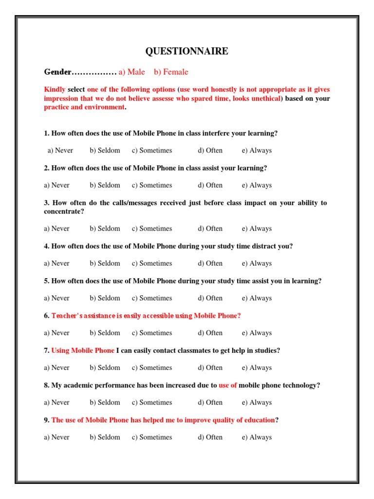 Smartphone Questionnaire | PDF | Mobile Phones | Behavior Modification
