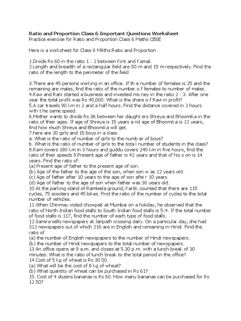 Maths Worksheets For Grade 6 Ratio Ratio And Proportion Class 6