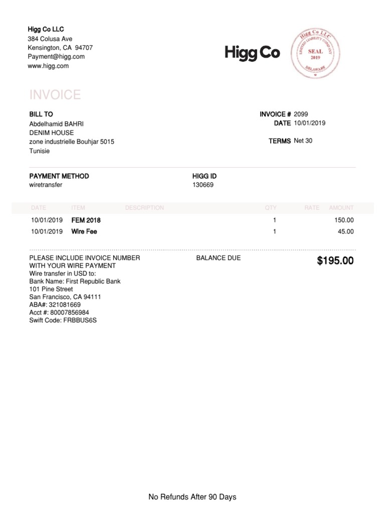 Invoice 2099 From Higg Co LLC | PDF