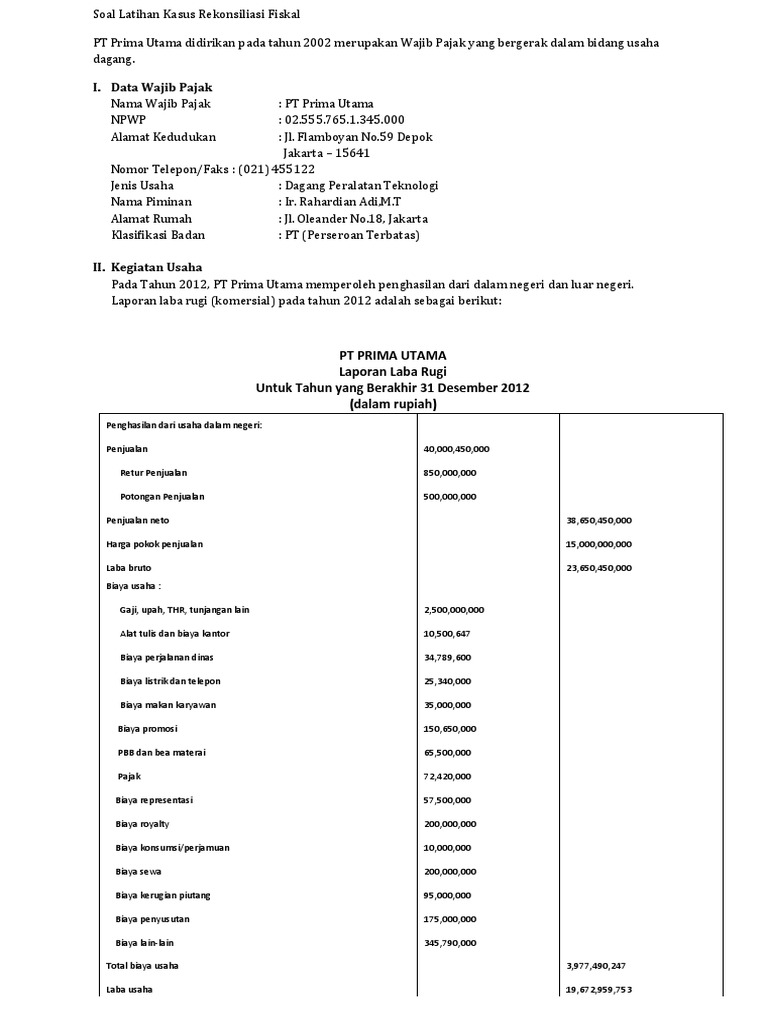 Contoh Rekonsiliasi Fiskal PT Prima Utama | PDF