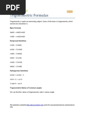 Trigonometry Formulas For Functions Ratios And Identities Pdf