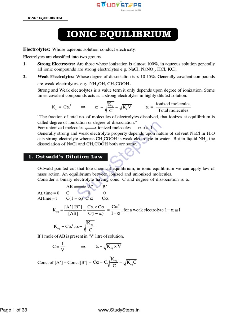 Ionic Equilibrium Notes PDF | PDF | Ph | Buffer Solution