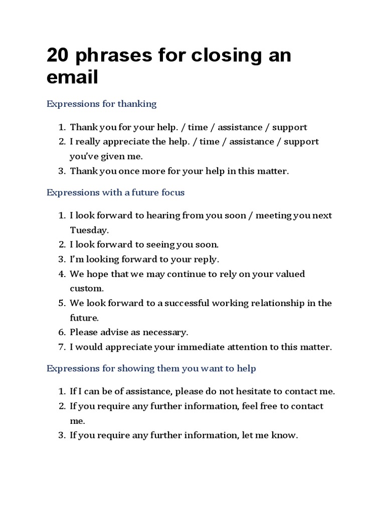 20 Professional Email Closing Phrases | PDF