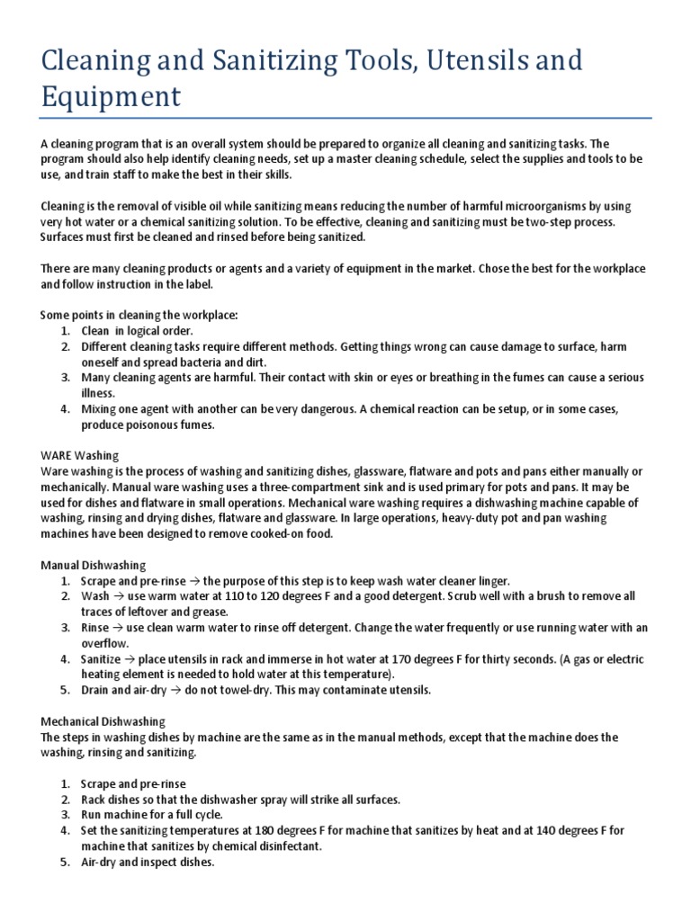 Lecture - Cleaning and Sanitizing Tools | PDF | Dishwasher | Hygiene