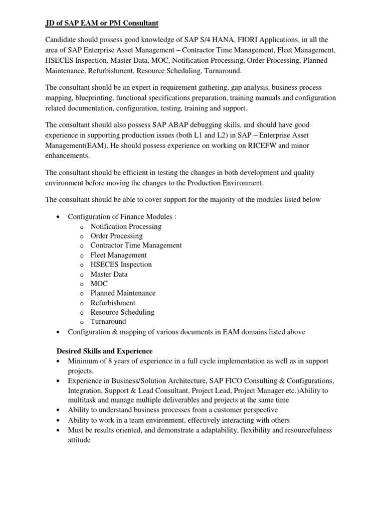 JD of SAP EAM or PM Consultant | PDF